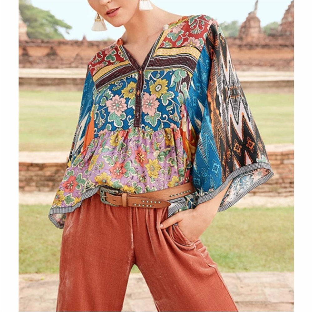 Johnny Was Miranda Floral Boho Geometric Silk Twill T… - Gem